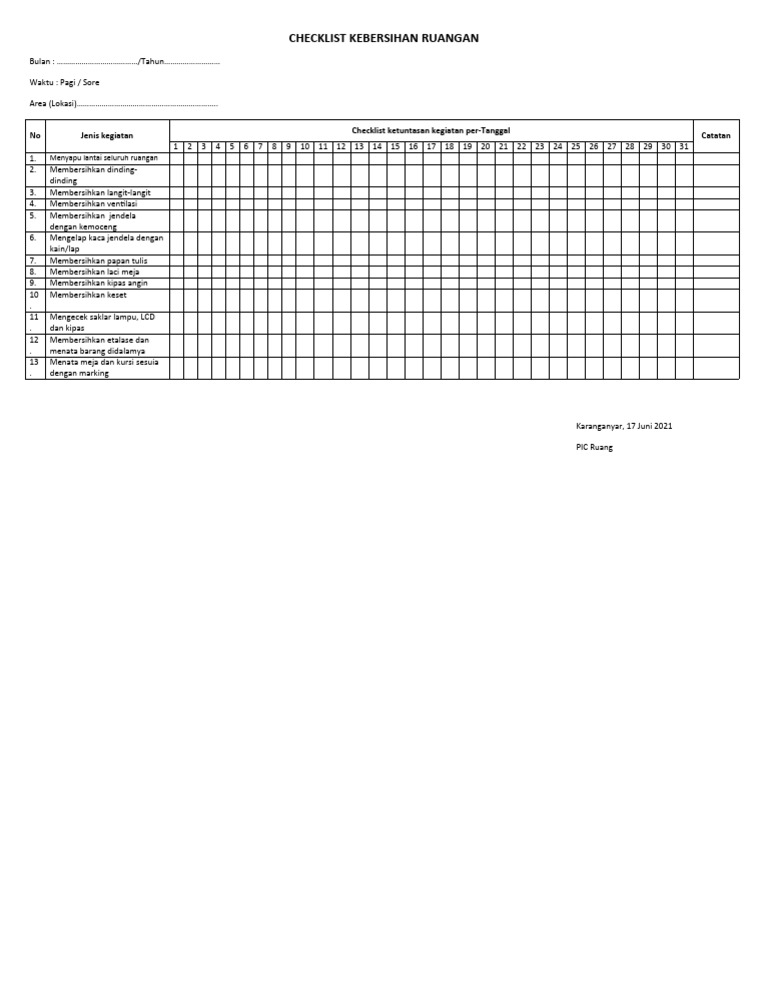 Checklist Kebersihan Ruangan | PDF