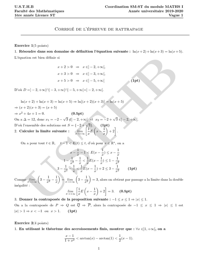 Corrigé Rattrapage Math1 ST | PDF