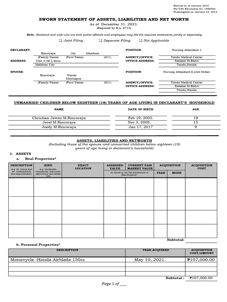 Statement of Assets and Liabilities SALN Form Revised January 2015 1 ...