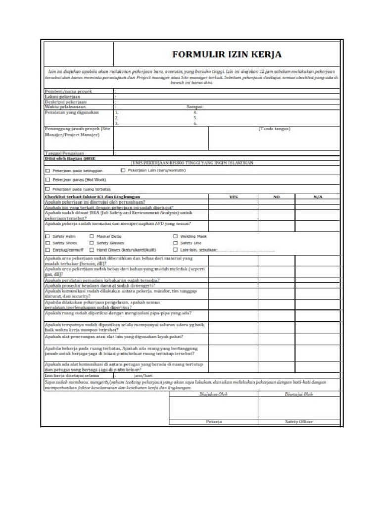 Formulir Ijin Kerj Alia Hospital Depok | PDF