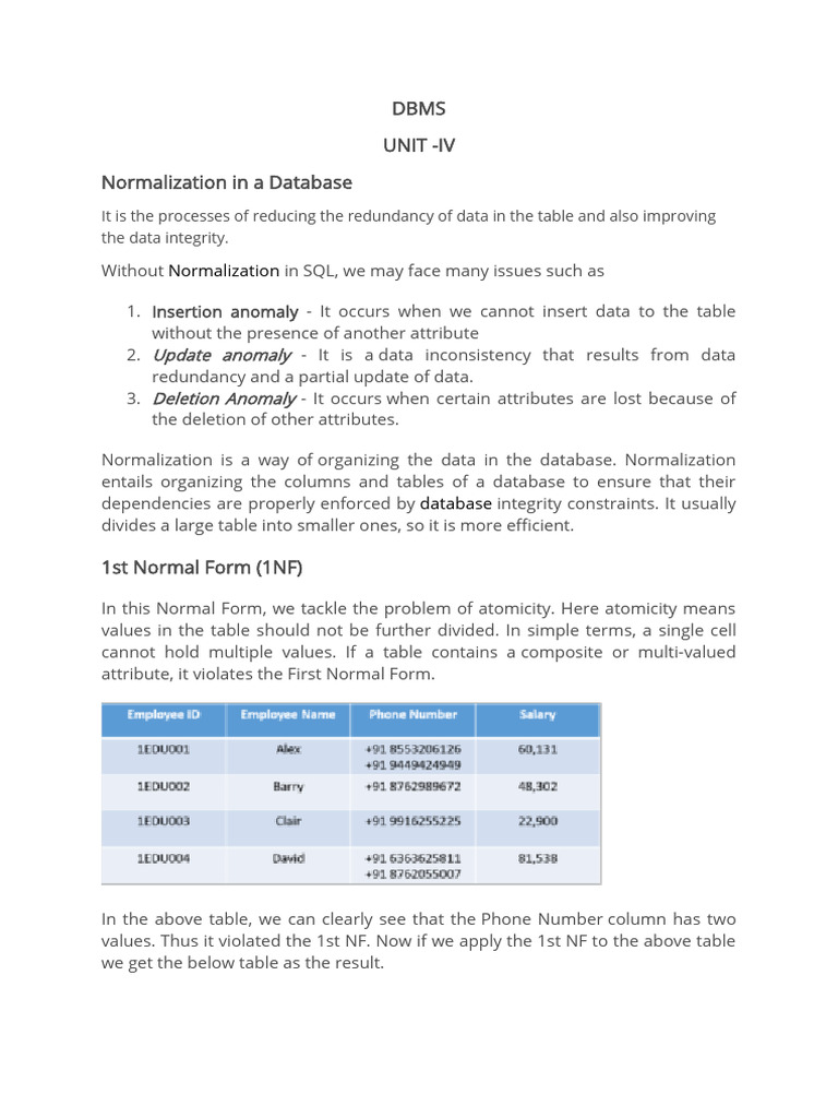 Normalization - in - A - Database - (AutoRecovered) Unit 4 | PDF