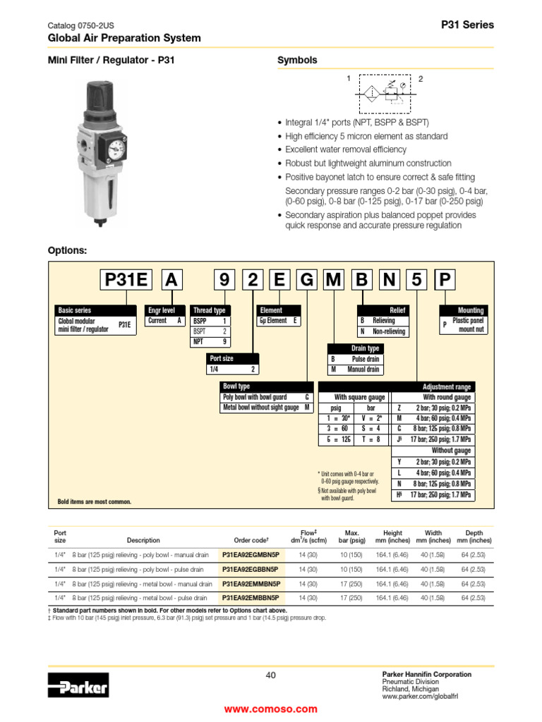 Parker Comoso 0750 2 US Global FRL Filter Regulator P31 Series | PDF