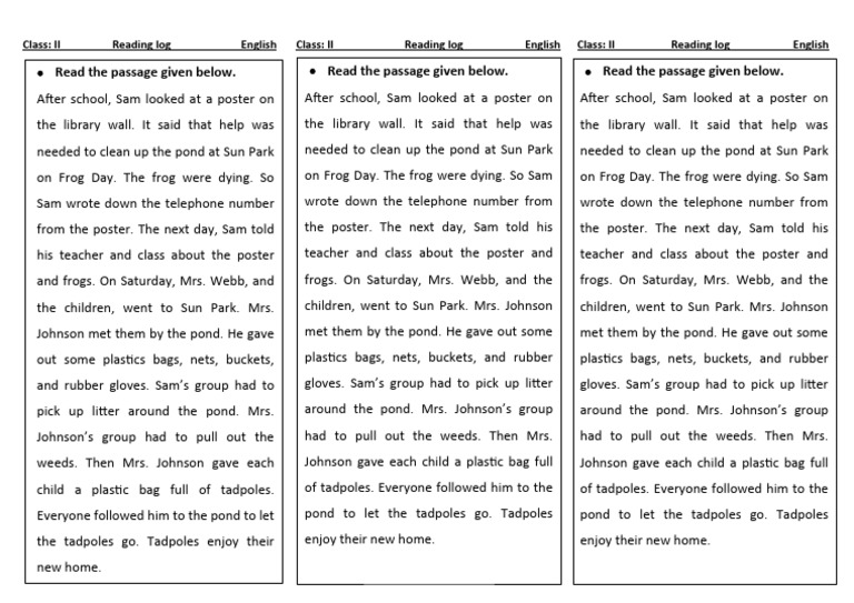 Class 2 English Reading Log | PDF