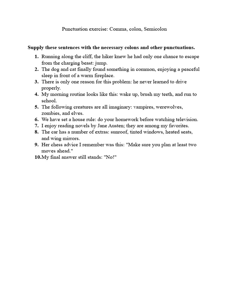 Punctuation Exercise - Comma, Colon, Semicolon | PDF