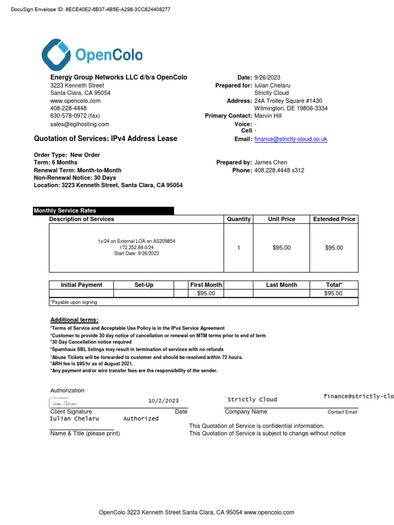 OpenColo Quotation 2023 09 26 StrictlyCloud 1x24 LOA | PDF | Internet ...
