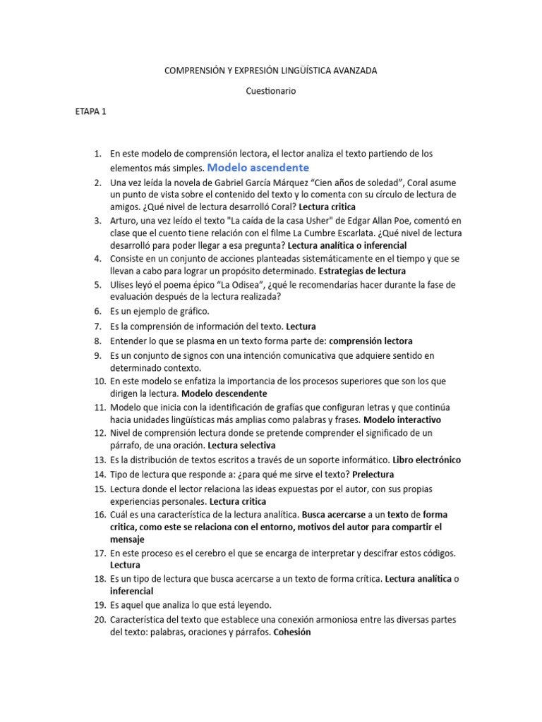 Cuestionario de Las 4 Etapas Cyela | PDF | Comunicación | Comprensión lectora