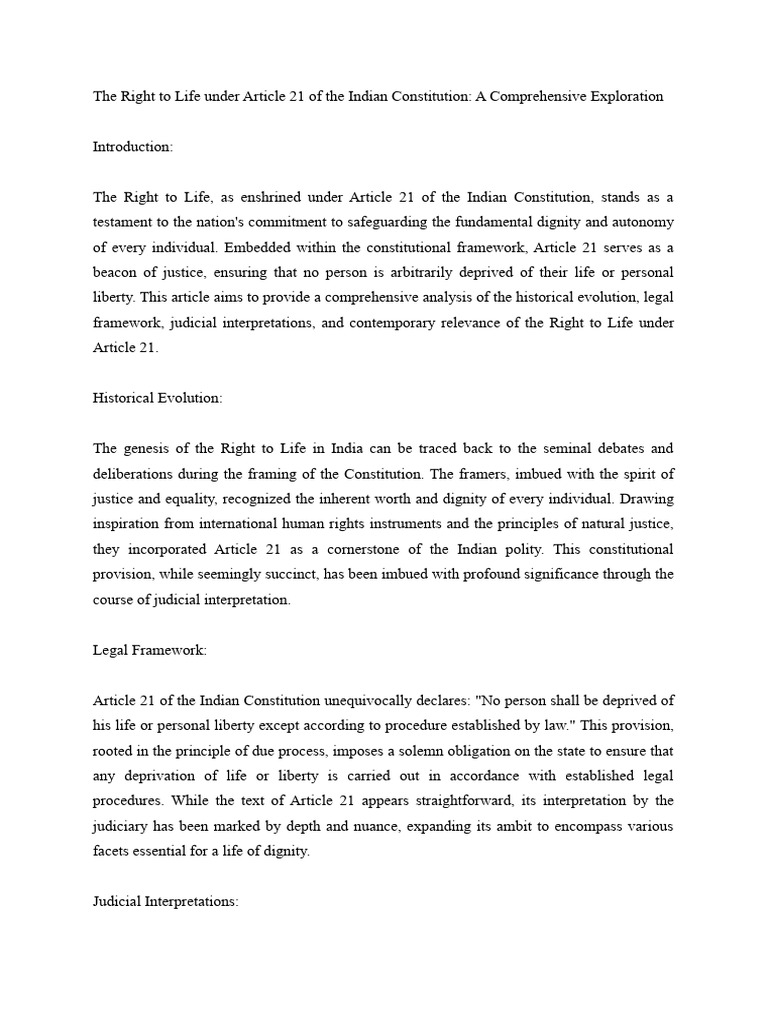 The Right To Life Under Article 21 of The Indian Constitution | PDF ...
