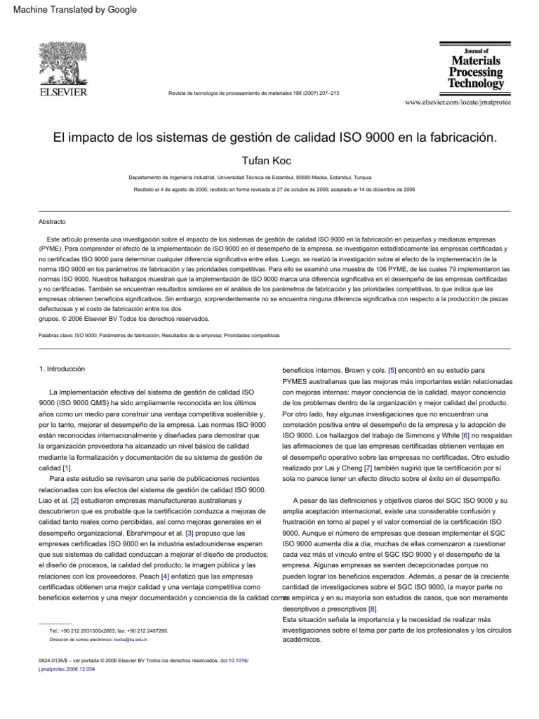 The Impact of ISO 9000 Quality Management Systems On Manufacturing 2007 | PDF | Iso 9000 | Business