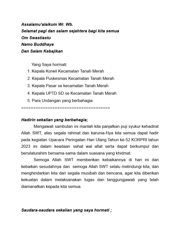 Sambutan Panjang Upacara UPT PPD Lamongan | PDF