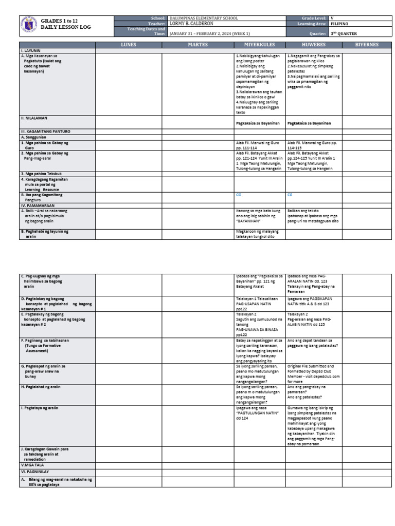 DLL Filipino 5 q3 w1 | PDF
