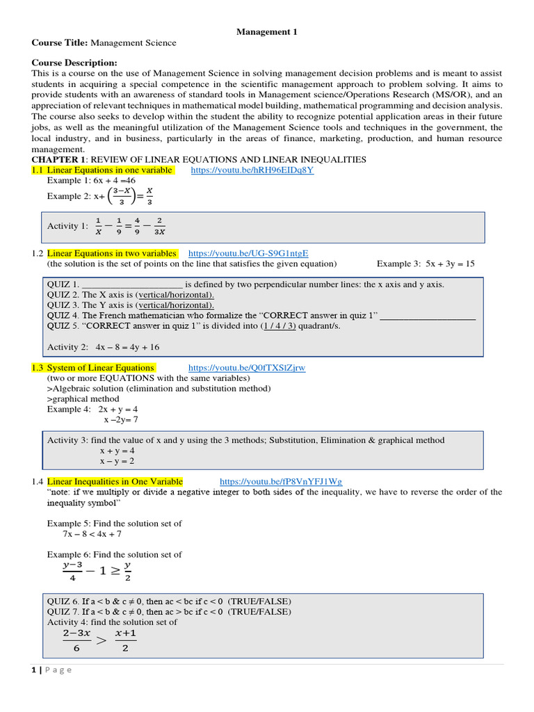 Management 1 2ndsem2023 | PDF | Linear Programming | Equations