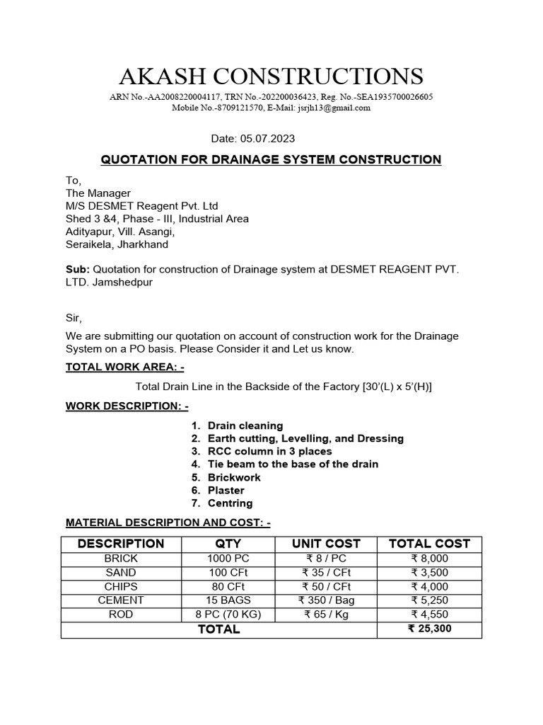 Quotation of Civil Work For Construction of Drainage System | PDF