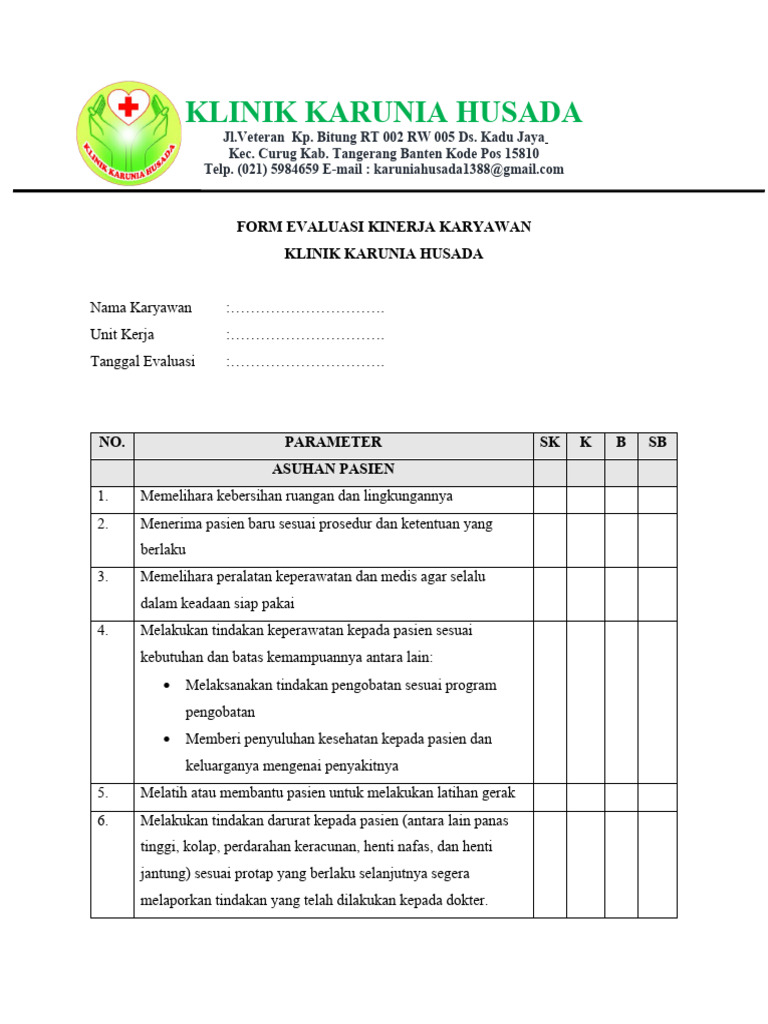 CONTOH Form Evaluasi Kinerja Karyawan KLINIK | PDF