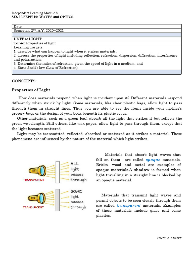 ILM 11 UNIT 4 Properties of Light 1 | PDF | Refraction | Light