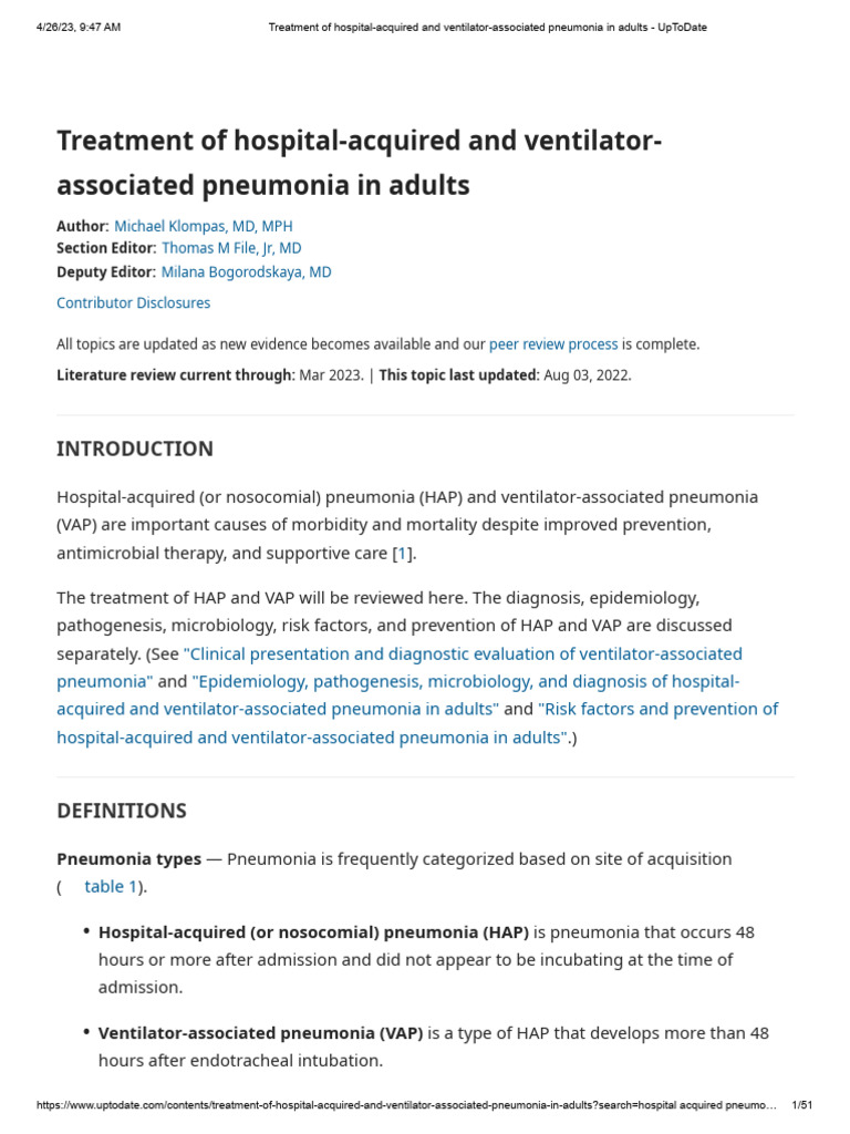 Uptodate - Treatment of HAP and VAP in Adults | PDF | Pneumonia | Multiple Drug Resistance