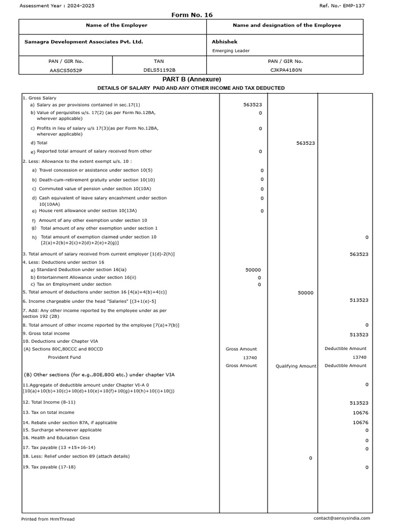 Abhishek - Form 16 | PDF | Salary | Tax Deduction