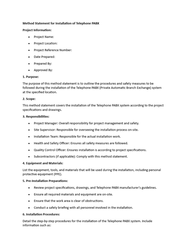 Method Statement For Installation of Telephone PABX | PDF | Safety | Personal Protective Equipment