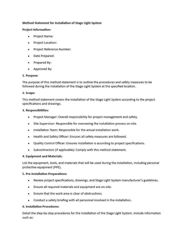Method Statement For Installation of Stage Light System | PDF ...