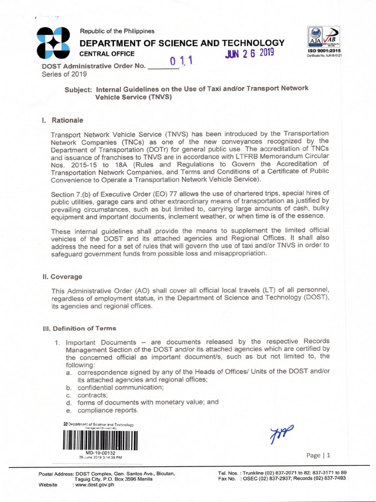 Dost Ao 011 S 2019 Use of Taxi and Tnvs | PDF
