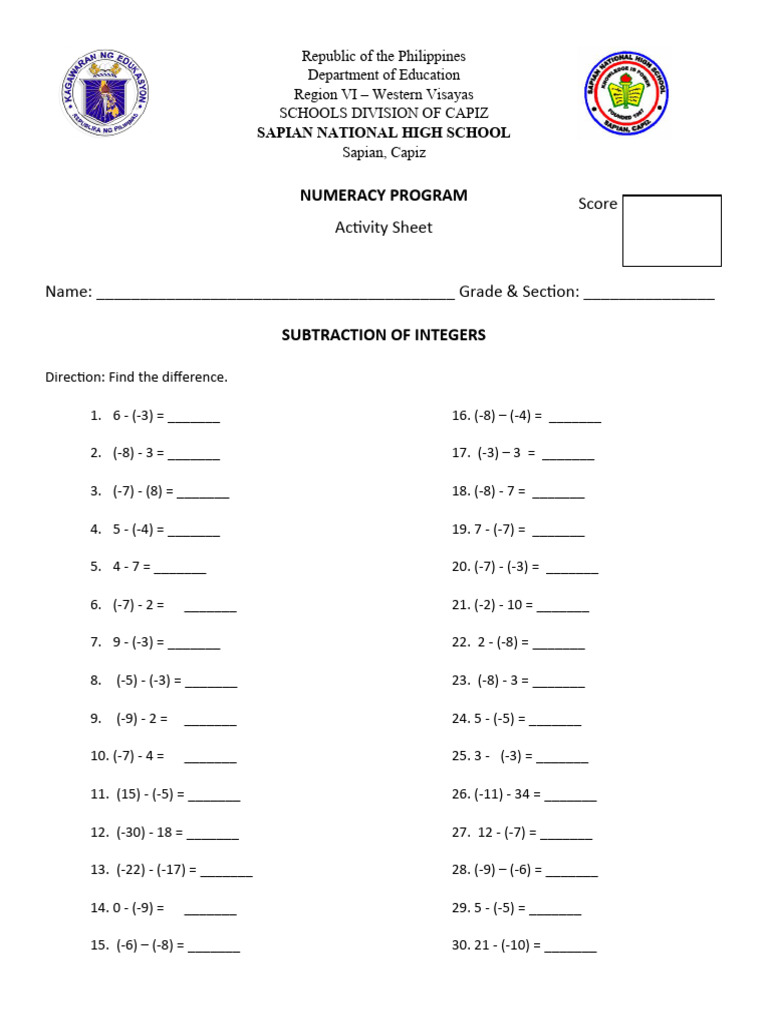 numeracy ACTIVITY SHEET | PDF | Mathematics | Arithmetic
