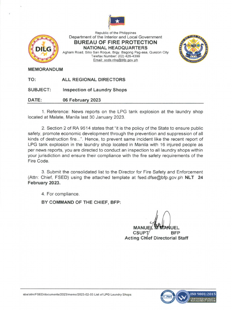 Memo ALL RD Inspection of Laundry Shops | Download Free PDF | Fire ...