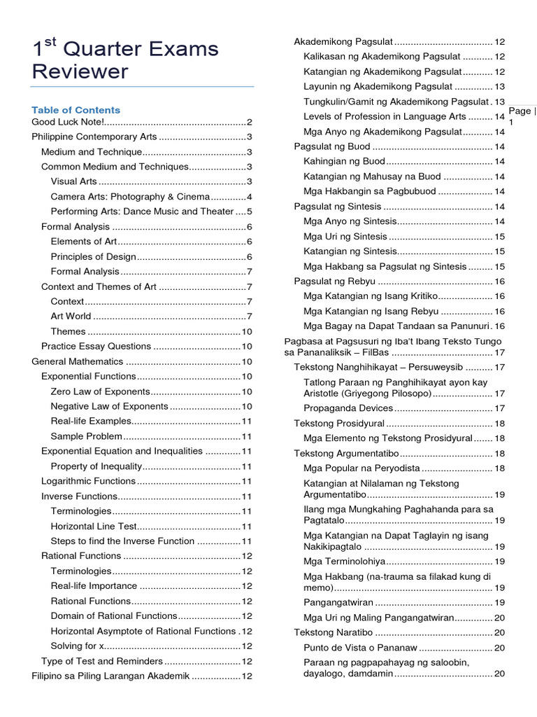 1 ST Quarter Exams Reviewer All Subjects | PDF