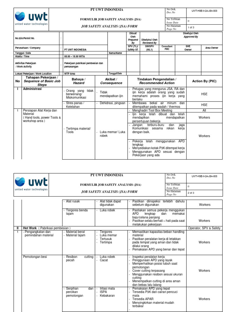 JSA Pabrikasi Pembesian PT UWT Indonesia | PDF