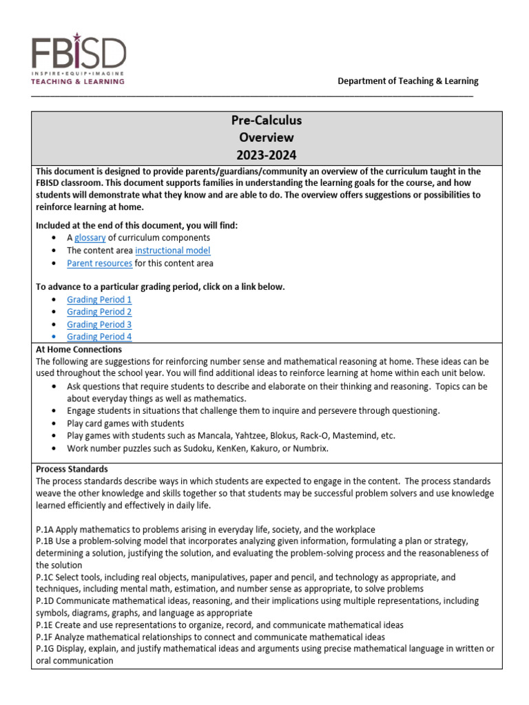 Pre-Calculus Curriculum Guide | PDF