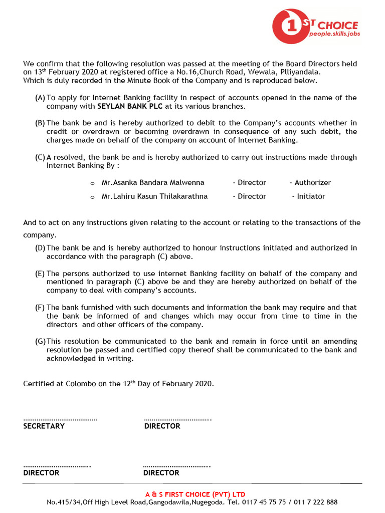 Bank Resolution - Seylan - Current Acc Int Banking 2020 | PDF