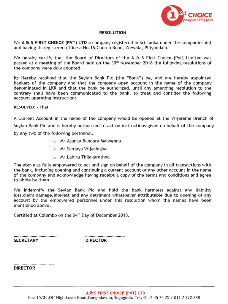 Bank Resolution - Seylan - Current Acc. | PDF | Law