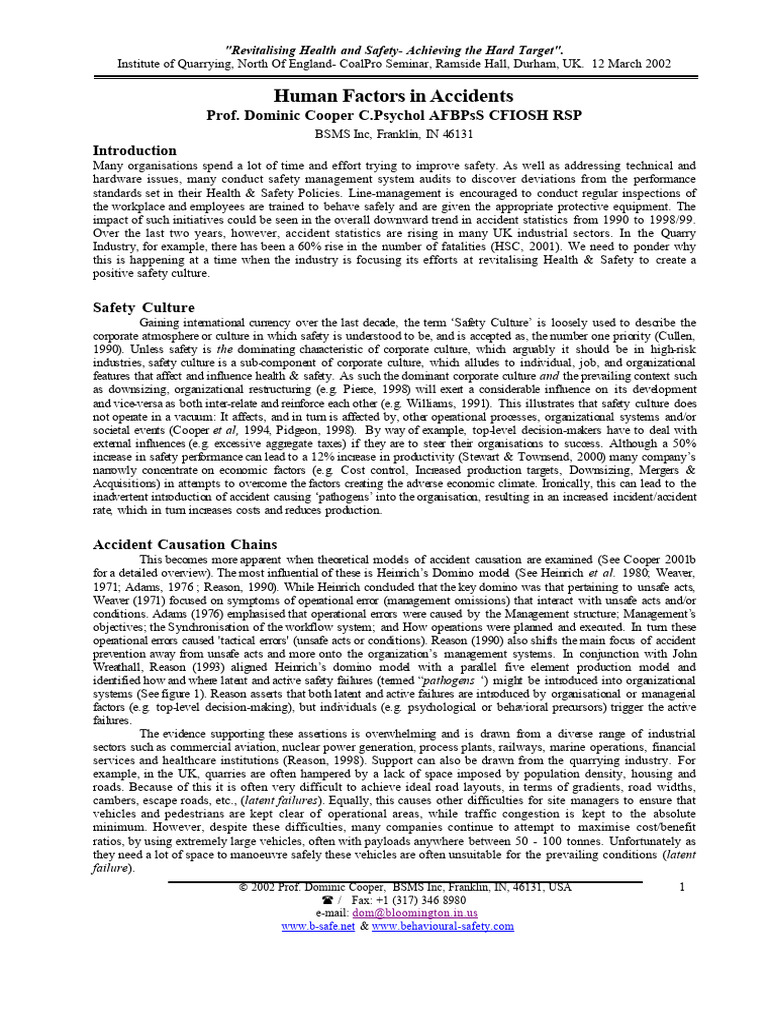 Human Factors in Accidents | PDF | Behavior | Occupational Safety And ...