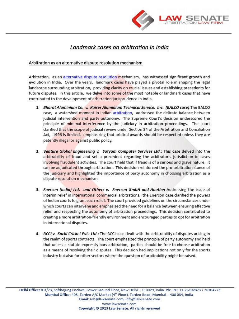 Landmark Cases On Arbitration in India | PDF | Arbitration | Separation Of Powers