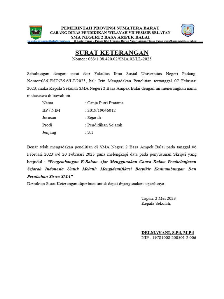 Surat Keterangan Penelitian dan SKHUN SMA | PDF