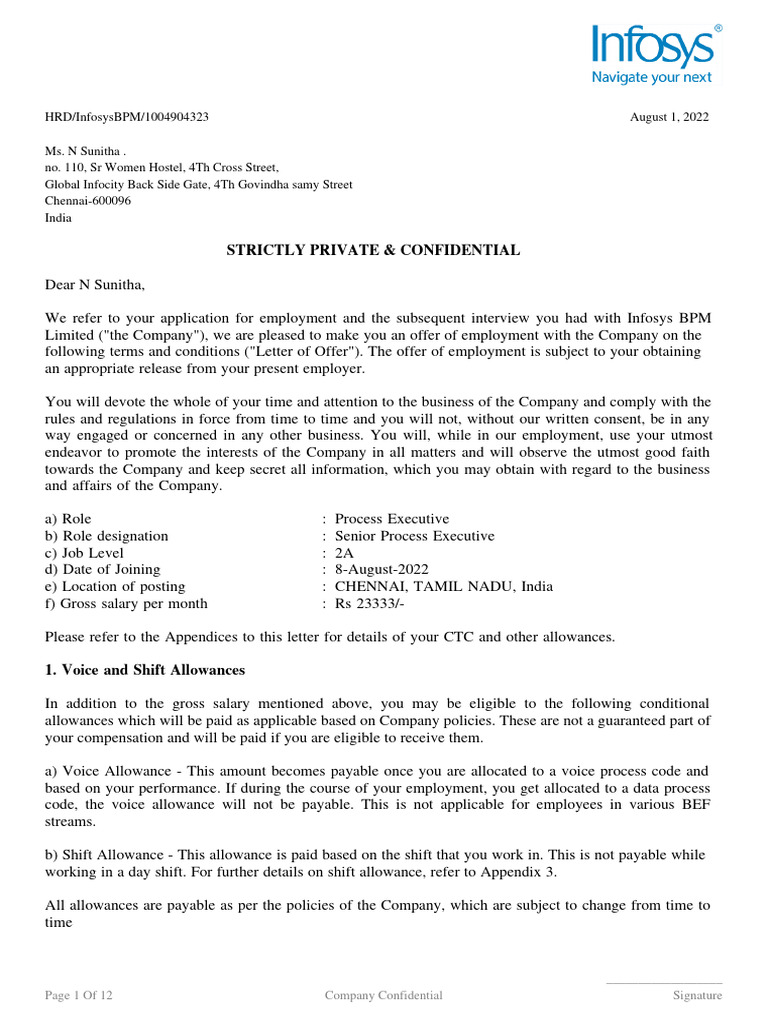 Infosys Offer Letter | PDF