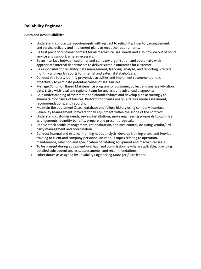 Job Description - Reliability Engineer | PDF