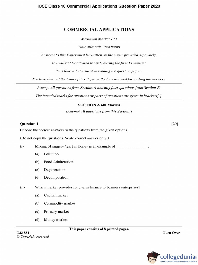 ICSE Class 10 Commercial Applications Question Paper 2023 | PDF