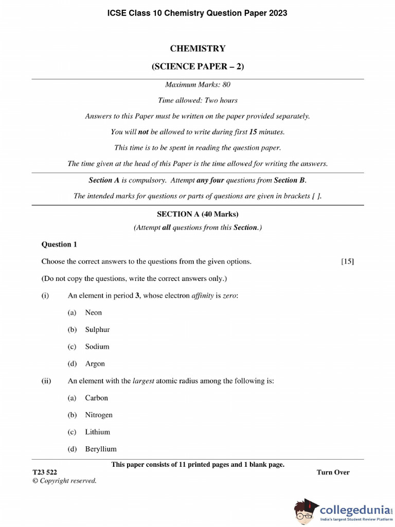 ICSE Class 10 Chemistry Question Paper 2023 | PDF | Technology ...