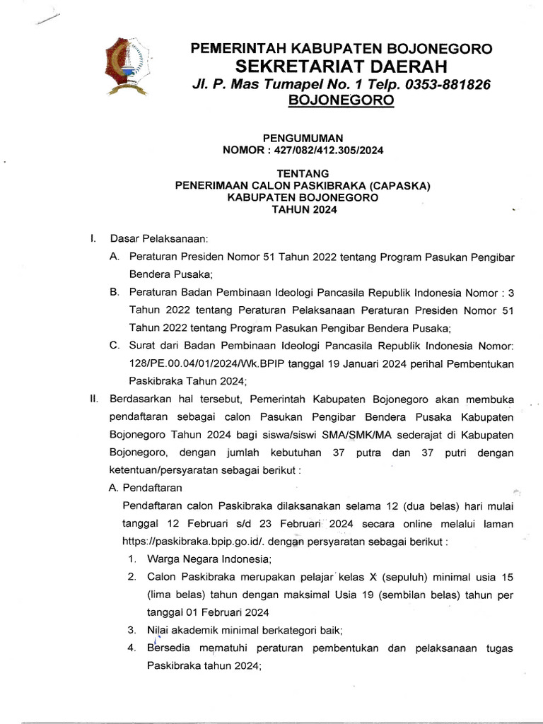 Pengumuman Paskibraka 2024 | PDF