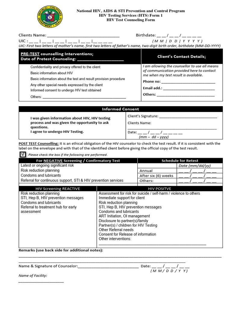 HIV Testing and Counseling Form | PDF | Sexually Transmitted Infection ...