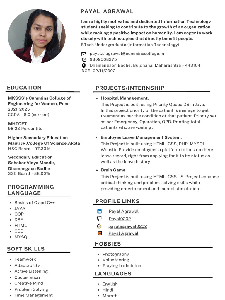 Payal Agrawal Resume | PDF | Cognition