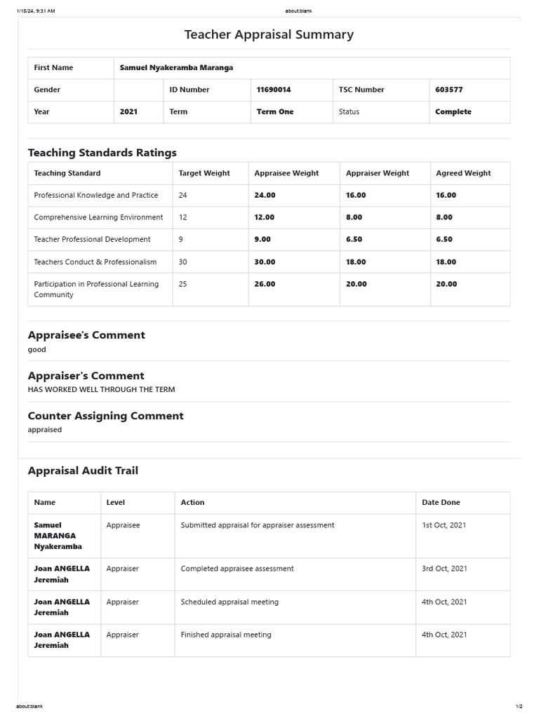 Teacher Appraisal Summary: Teaching Standards Ratings | PDF | Learning ...