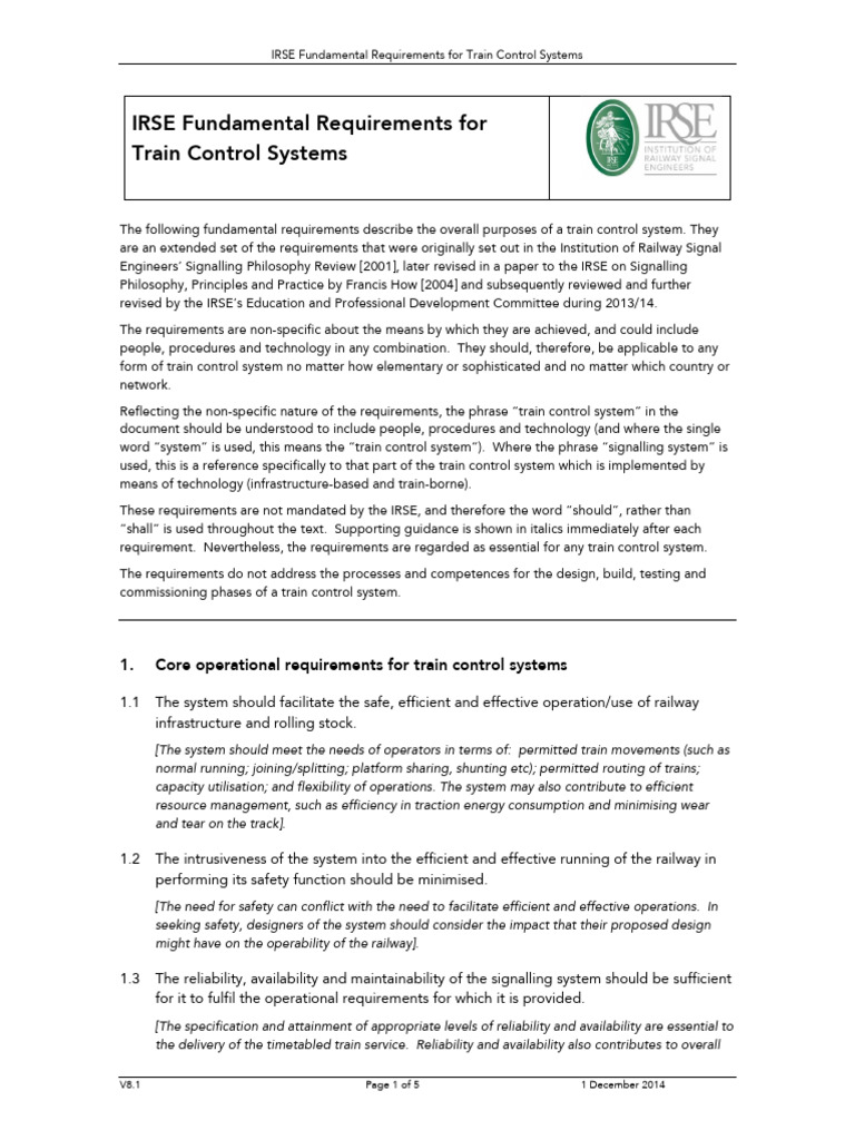 IRSE Fundamental Requirements For Train Control Systems (v8.1 ...
