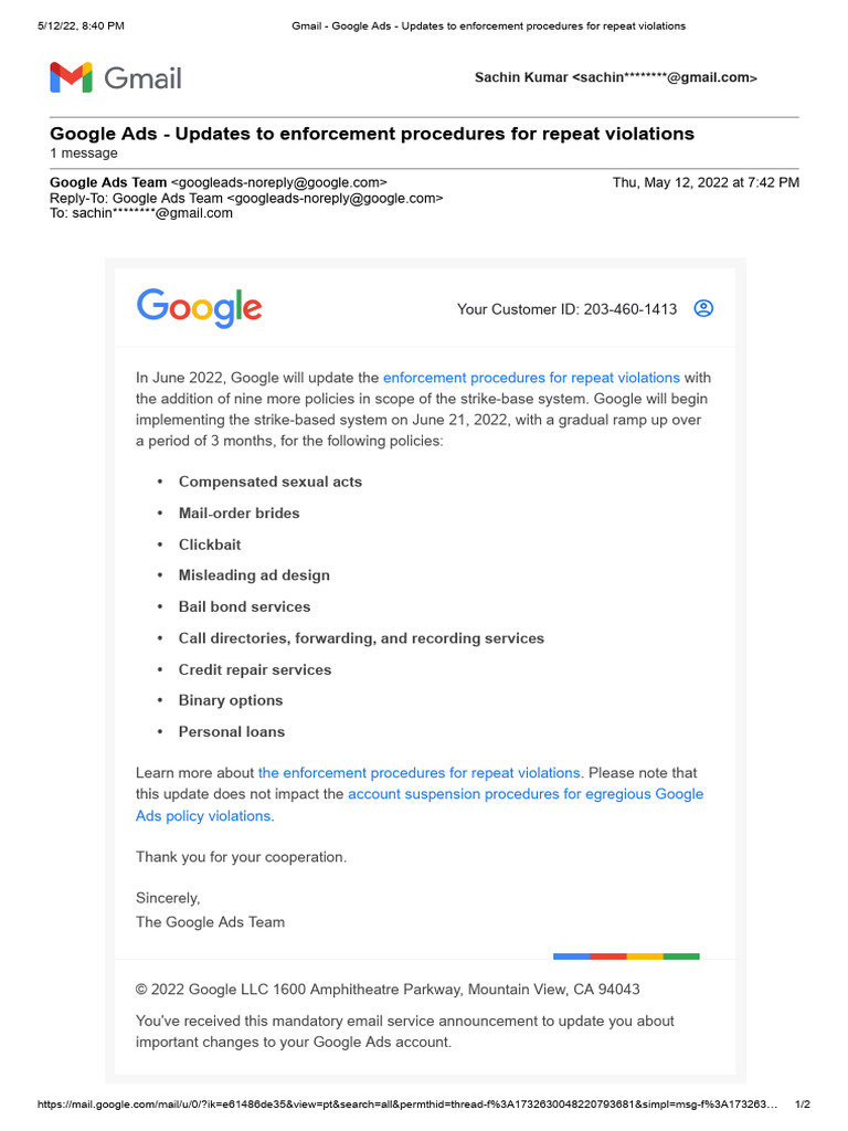 Gmail Google Ads Updates To Enforcement Procedures For Repeat ...