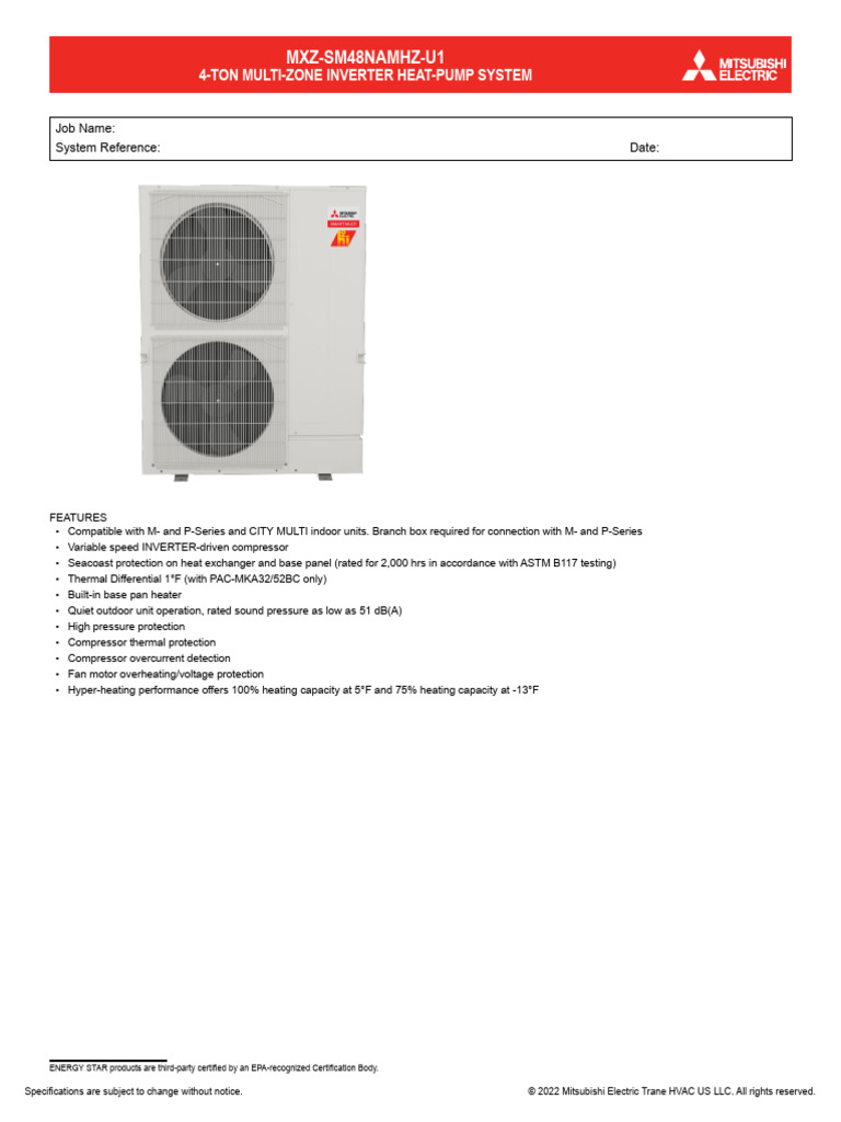 Mitsubishi MXZ sm48 Hyper Heat Specifications Sheet | PDF | Temperature | Engineering Thermodynamics