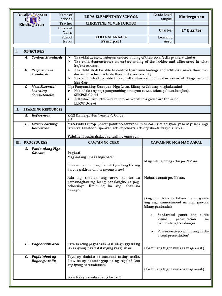 Detailed Lesson Plan - Kindergarten - Week 5 Quarter1 | PDF