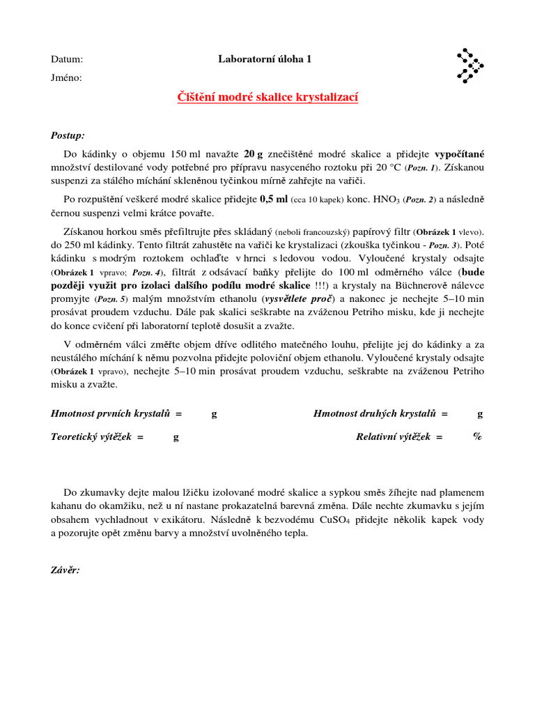 Úloha 1 - Čištění Modré Skalice | PDF