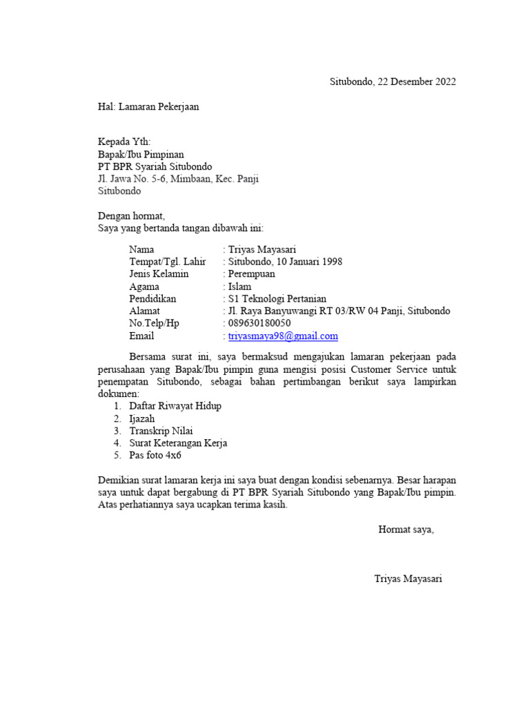 Surat Lamaran Kerja CS BPRS | PDF