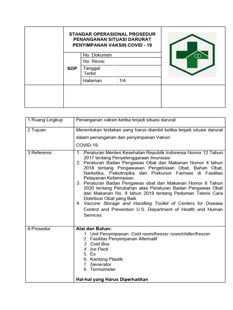 Standar Operasional Prosedur Penanganan Situasi Darurat Penyimpanan Vaksin Covid - 19 | PDF ...