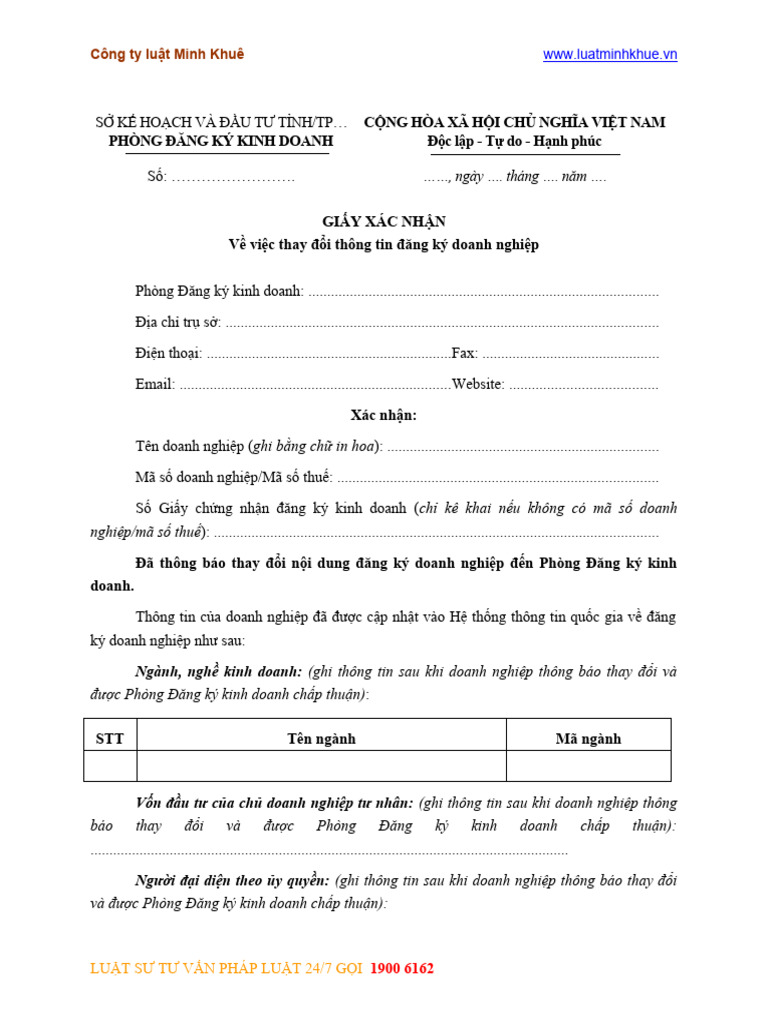 Mau Giay Xac Nhan Thay Doi Thong Tin Dang Ky Doanh Nghiep | PDF