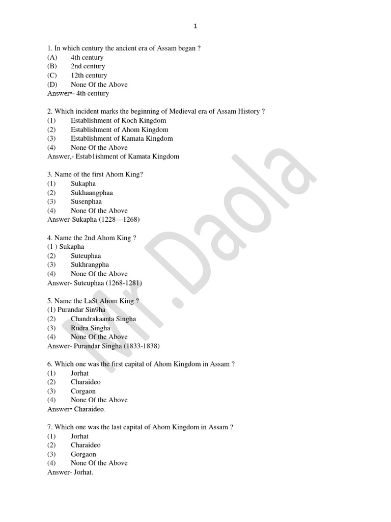 Assam History MCQ | PDF | Monarch | Asian Royal Families